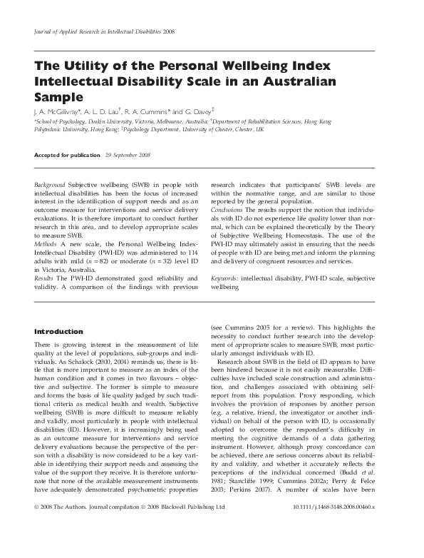 (PDF) The Utility of the Personal Wellbeing Index Intellectual ...