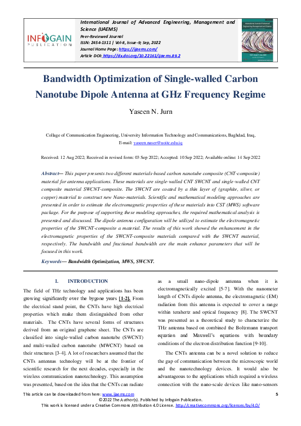 (PDF) Bandwidth Optimization of Single-walled Carbon Nanotube Dipole Antenna at GHz Frequency Regime