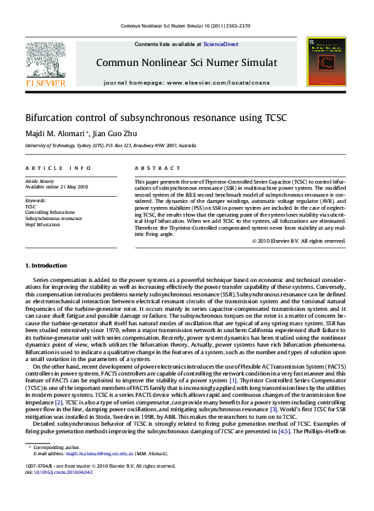 (PDF) Bifurcation control of subsynchronous resonance using TCSC