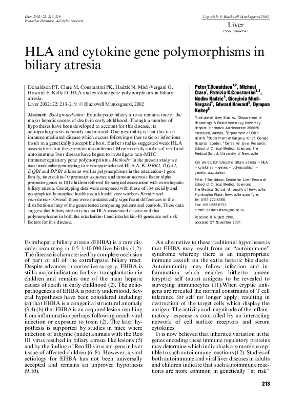 (PDF) HLA and cytokine gene polymorphisms in biliary atresia