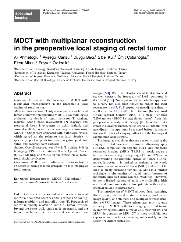 (PDF) MDCT with multiplanar reconstruction in the preoperative local staging of rectal tumor