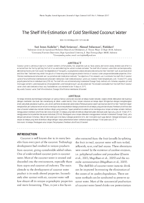 (PDF) The Shelf Life Estimation of Cold Sterilized Coconut Water