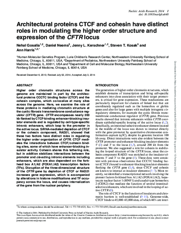 (PDF) Architectural proteins CTCF and cohesin have distinct roles in modulating the higher order ...