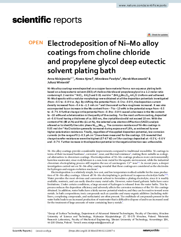 (PDF) Electrodeposition of Ni–Mo alloy coatings from choline chloride and propylene glycol deep ...
