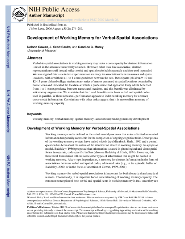 (PDF) Development of working memory for verbal–spatial associations