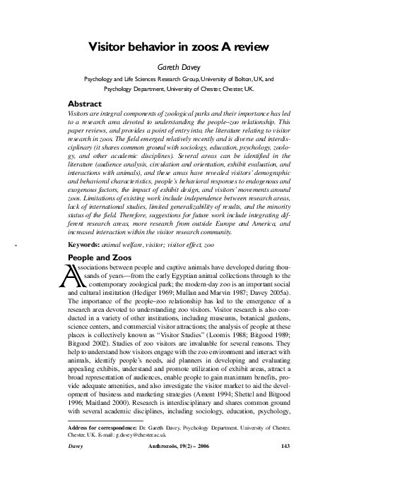 (PDF) Visitor behavior in zoos: A review | Gareth Davey - Academia.edu