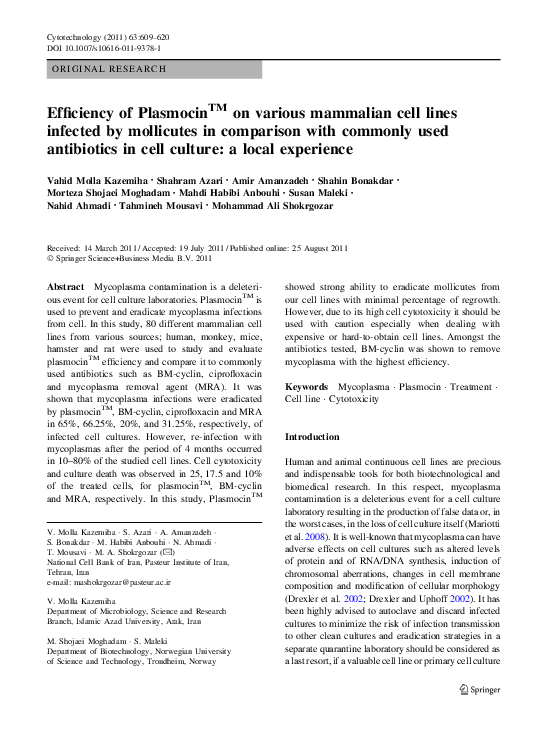 (PDF) Efficiency of Plasmocin™ on various mammalian cell lines infected ...