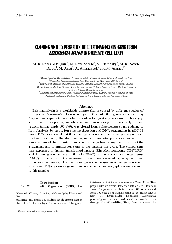(PDF) Cloning and Expression of Leishmanolysin Gene from Leishmania ...