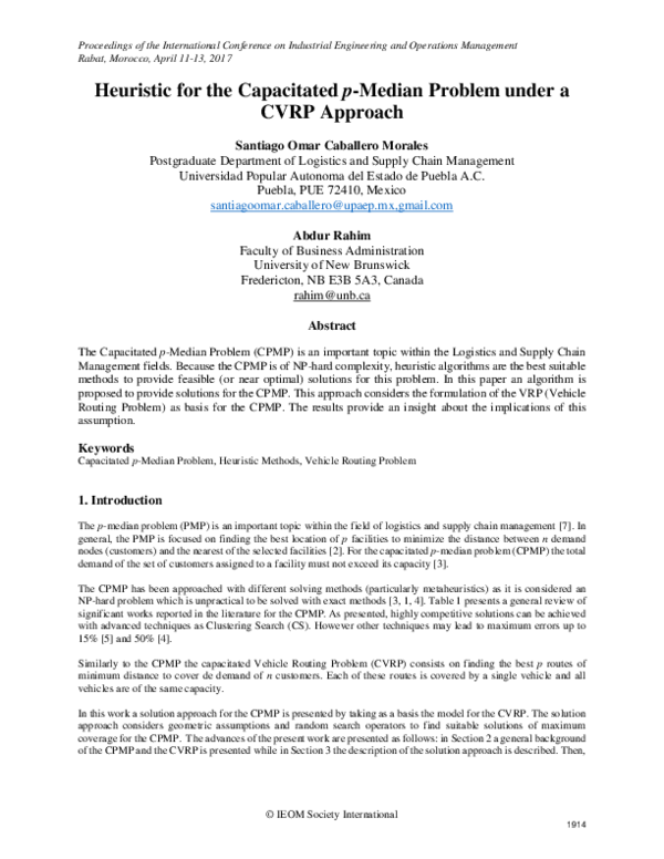 Pdf Heuristic For The Capacitated P Median Problem Under A Cvrp Approach