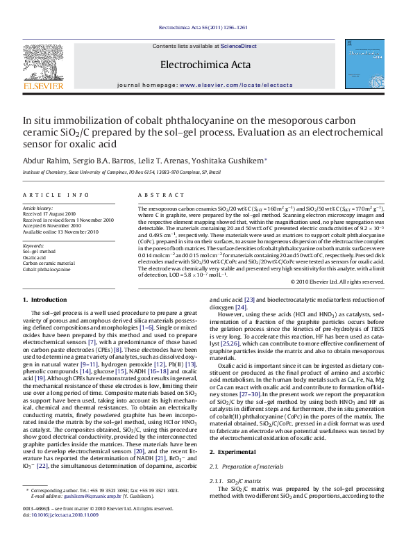 (PDF) In situ immobilization of cobalt phthalocyanine on the mesoporous ...
