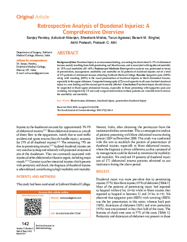 (PDF) Retrospective analysis of duodenal injuries: A comprehensive overview (PDF) Retrospective analysis of duodenal injuries: A comprehensive overview