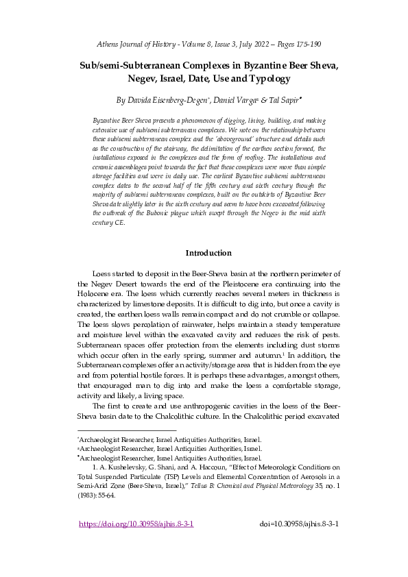 (PDF) Sub/semi-Subterranean Complexes in Byzantine Beer Sheva, Negev, Israel, Date, Use and Typology