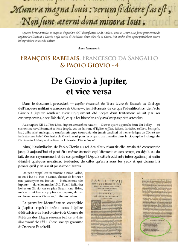 (PDF) De Giovio à Jupiter, et vice versa