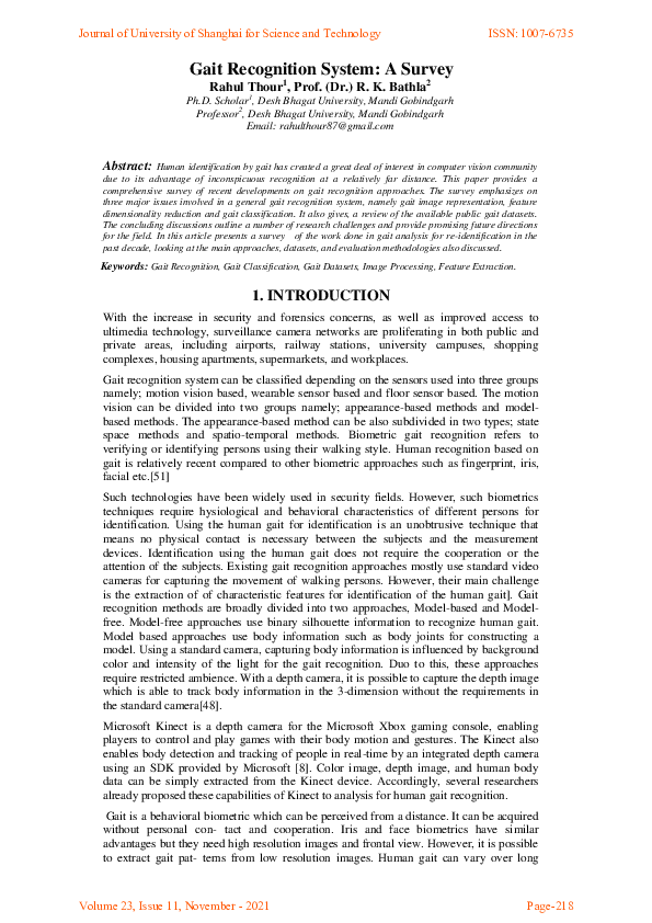 (PDF) Gait Recognition System: A Survey