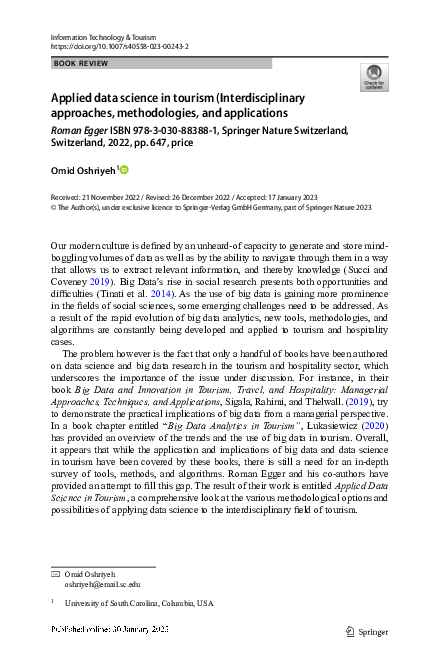(PDF) Applied data science in tourism (Interdisciplinary approaches, methodologies, and applications
