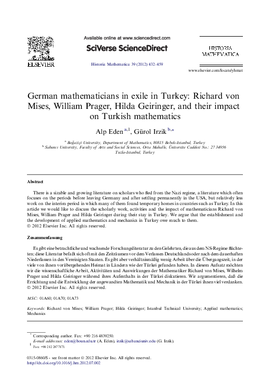 (PDF) German mathematicians in exile in Turkey: Richard von Mises ...