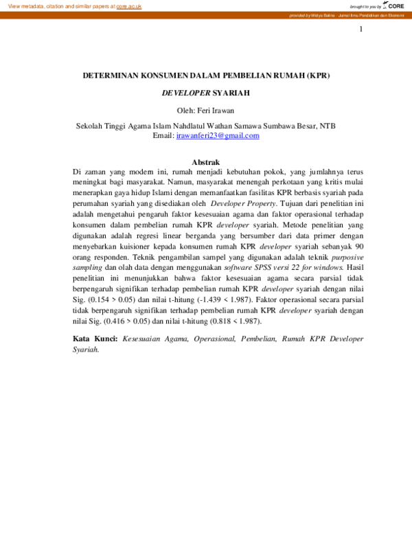 (PDF) Determinan Konsumen Dalam Pembelian Rumah (KPR) Developer Syariah