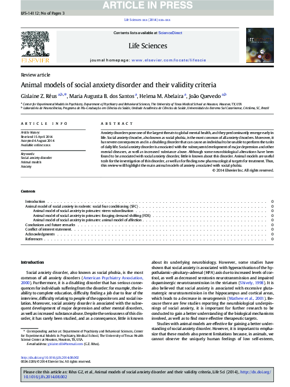 (PDF) Animal models of social anxiety disorder and their validity criteria