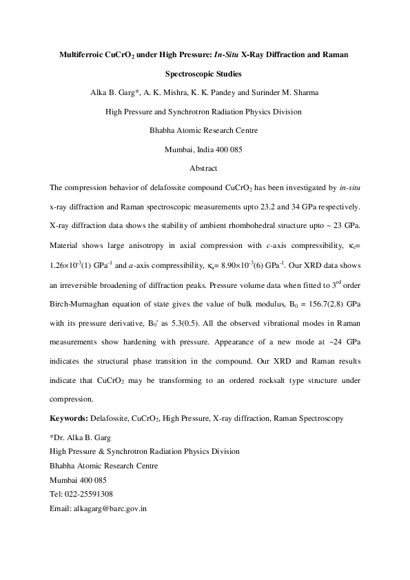 (PDF) Multiferroic CuCrO2 under high pressure: In situ X-ray ...