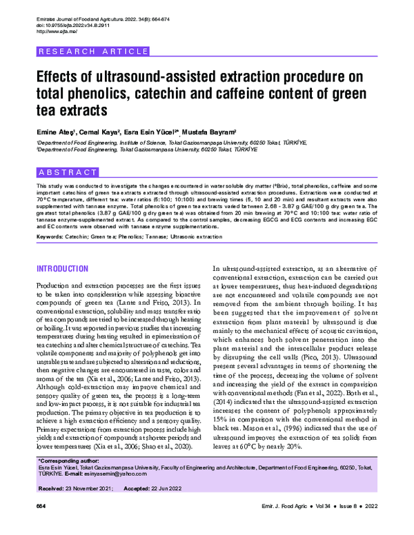 (PDF) Effects of ultrasound-assisted extraction procedure on total phenolics, catechin and ...