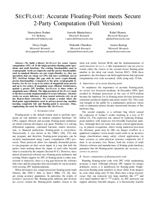 Pdf Secfloat Accurate Floating Point Meets Secure 2 Party Computation Divya Kant Gupta
