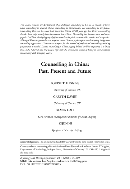 (PDF) Counselling in China: Past, Present and Future