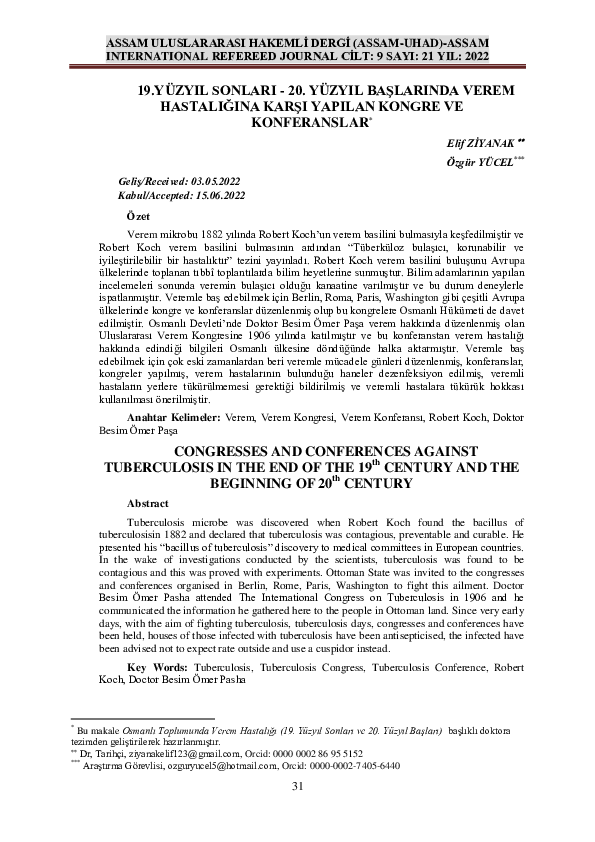 (PDF) 19.YÜZYIL Sonları - 20. Yüzyıl Başlarında Verem Hastalığına Karşı Yapılan Kongre Ve ...