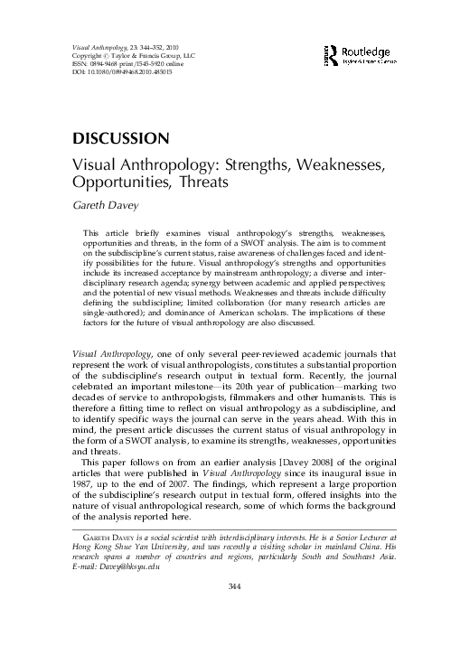 (PDF) Visual Anthropology: Strengths, Weaknesses, Opportunities, Threats