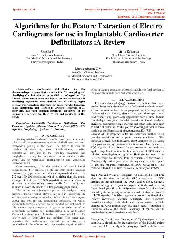 (PDF) Algorithms for the Feature Extraction of Electro Cardiograms for use in Implantable ...