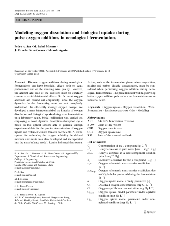 (PDF) Modeling oxygen dissolution and biological uptake during pulse oxygen additions in ...