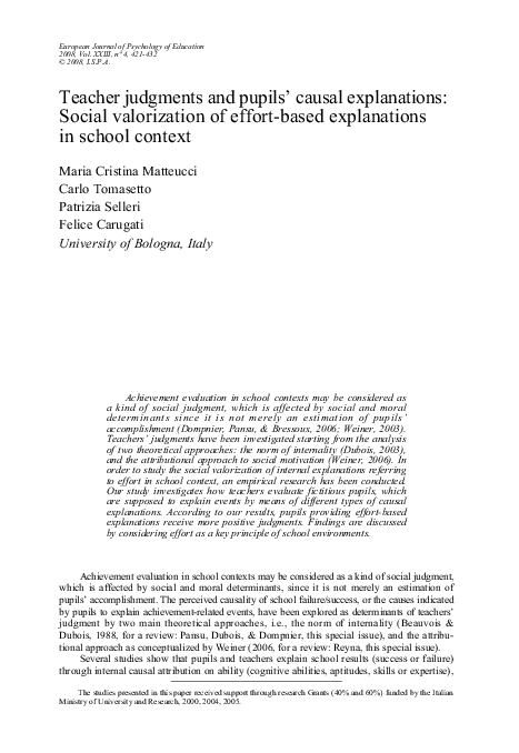 (PDF) Teacher judgments and pupils’ causal explanations: Social valorization of effort-based ...