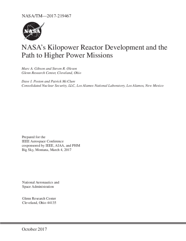 (PDF) NASA's Kilopower reactor development and the path to higher power ...