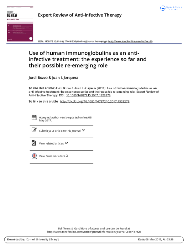 (PDF) Use of human immunoglobulins as an anti-infective treatment: the ...
