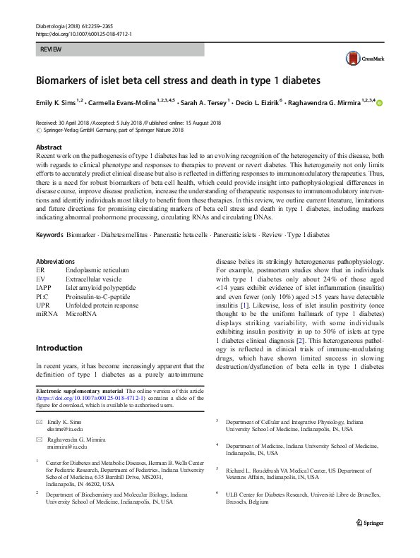(PDF) Biomarkers of islet beta cell stress and death in type 1 diabetes