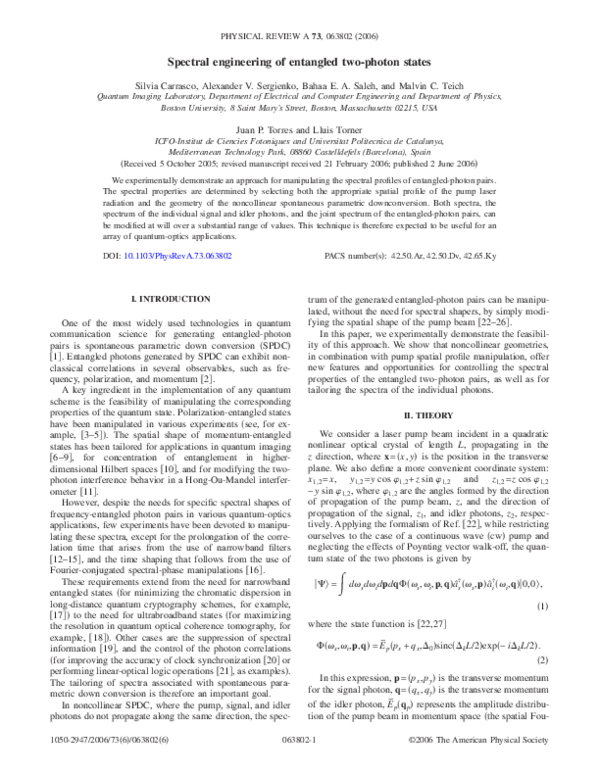 Pdf Spectral Engineering Of Entangled Two Photon States