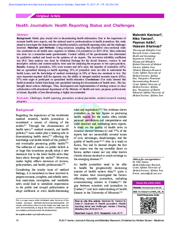 (PDF) Health Journalism: Health Reporting Status and Challenges
