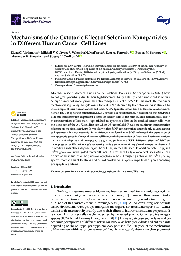 (PDF) Mechanisms of the Cytotoxic Effect of Selenium Nanoparticles in ...