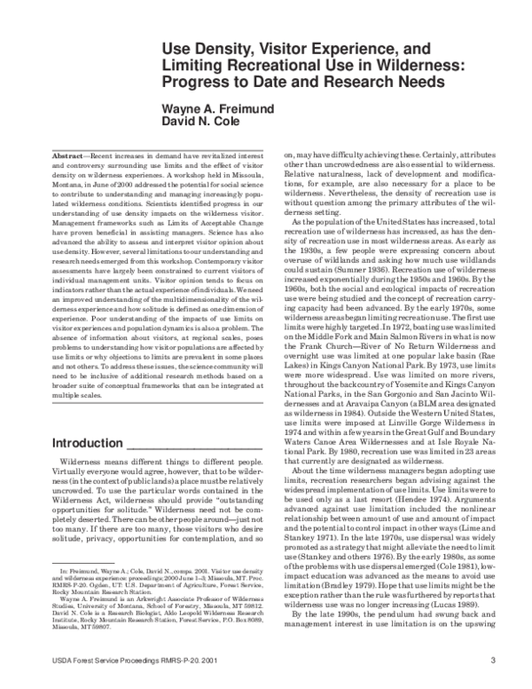 (PDF) Use Density, Visitor Experience, and Limiting Recreational Use in ...