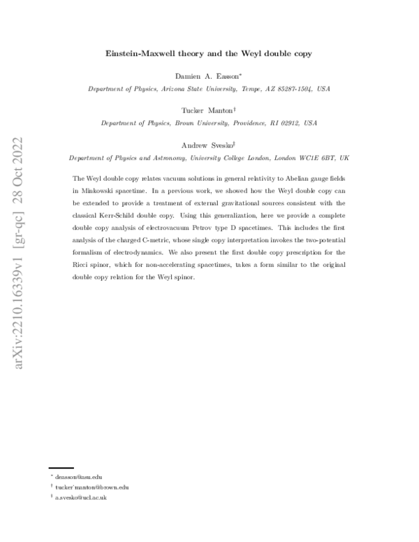 (PDF) Einstein-Maxwell theory and the Weyl double copy | Tucker Manton ...