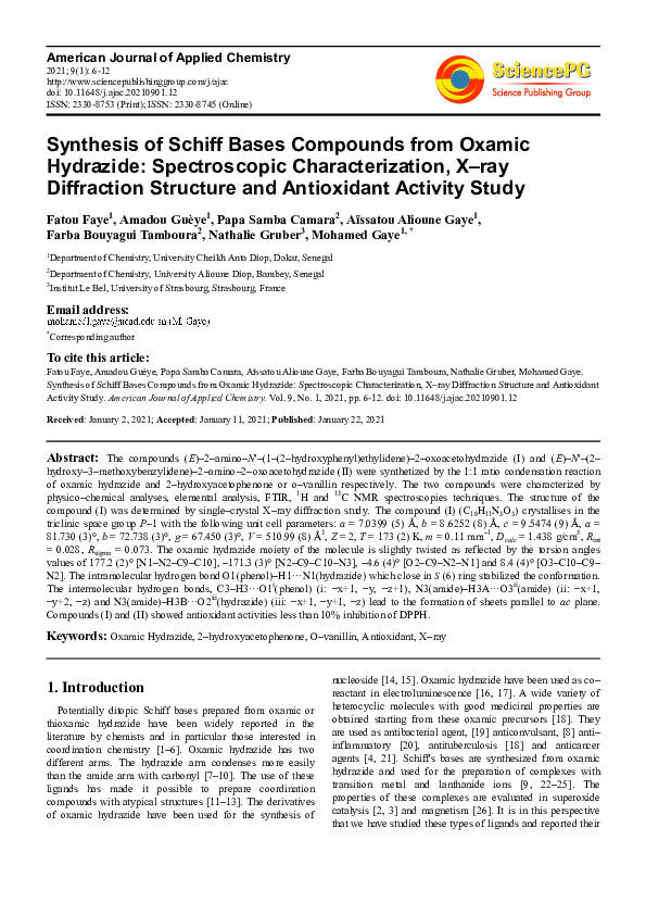 (PDF) Synthesis of Schiff Bases Compounds from Oxamic Hydrazide: Spectroscopic Characterization ...