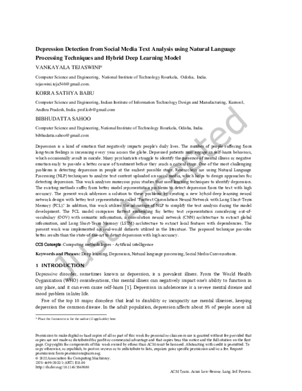 Pdf Depression Detection From Social Media Text Analysis Using Natural Language Processing