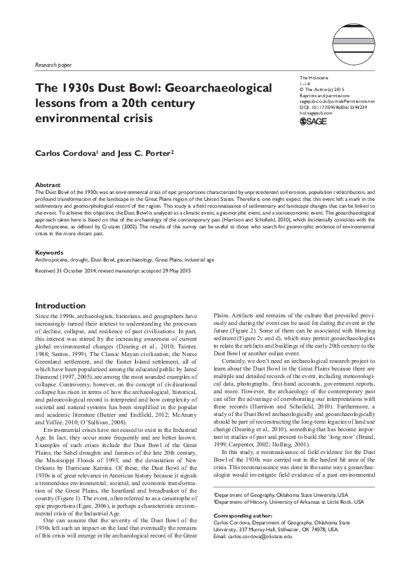 (PDF) The 1930s Dust Bowl: Geoarchaeological lessons from a 20th ...
