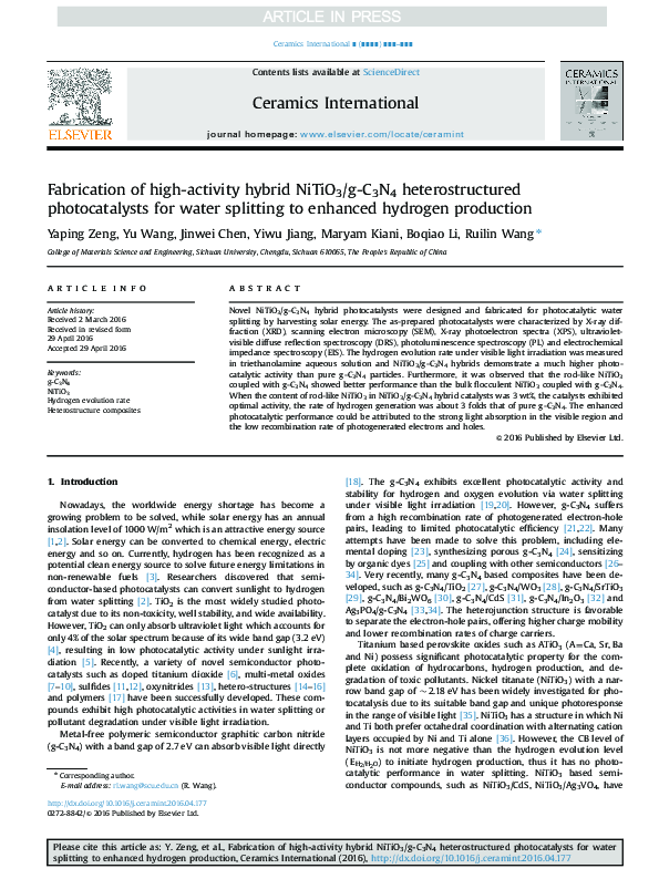 (PDF) Fabrication of high-activity hybrid NiTiO3/g-C3N4 ...