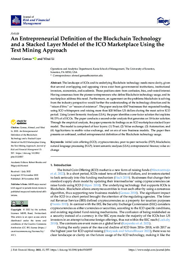 (PDF) An Entrepreneurial Definition of the Blockchain Technology and a Stacked Layer Model of ...