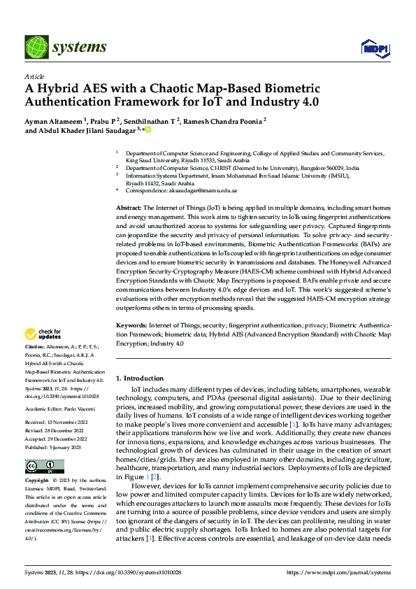Pdf A Hybrid Aes With A Chaotic Map Based Biometric Authentication Framework For Iot And 8813
