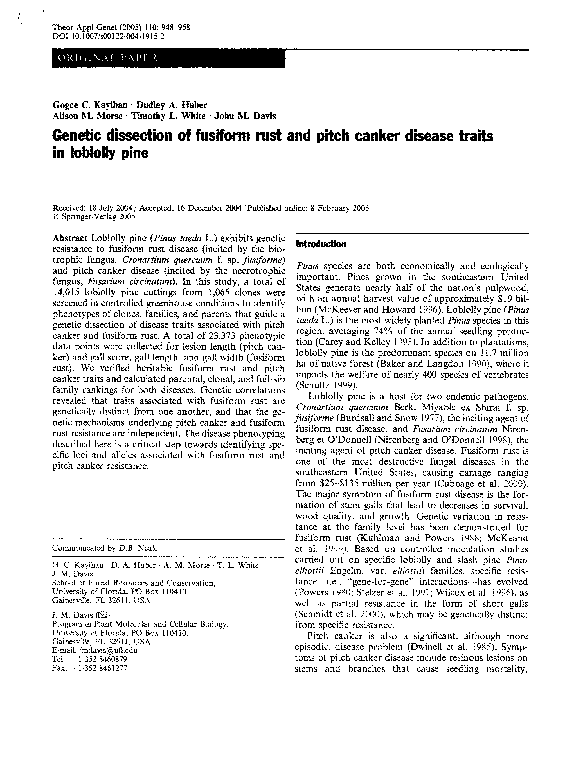 Pdf Genetic Dissection Of Fusiform Rust And Pitch Canker Disease Traits In Loblolly Pine
