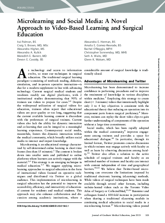 (PDF) Microlearning and Social Media: A Novel Approach to Video-Based Learning and Surgical ...