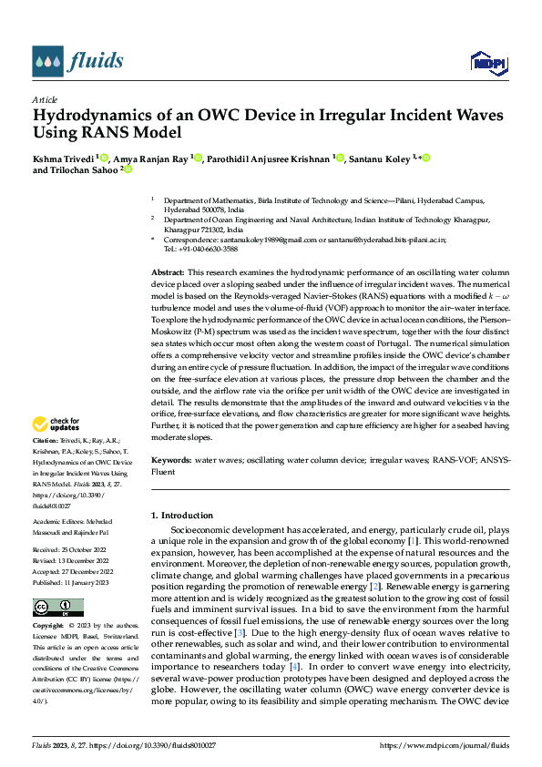 Pdf Hydrodynamics Of An Owc Device In Irregular Incident Waves Using