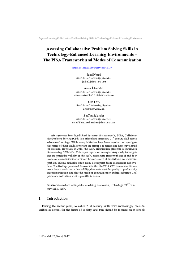 (PDF) Assessing Collaborative Problem Solving Skills in Technology ...