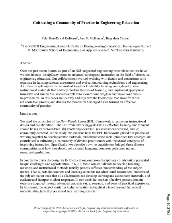 (PDF) Cultivating A Community Of Practice In Engineering Education